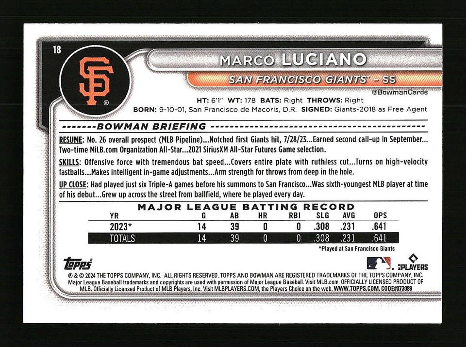 2024 Bowman BASEBALL Marco Luciano #18 Rookie RC | eBay