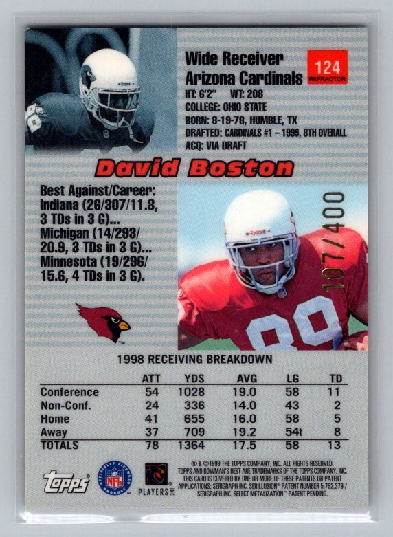 1999 Bowman's Best David Boston #124 Refractors #/400 Rookie Arizona ...
