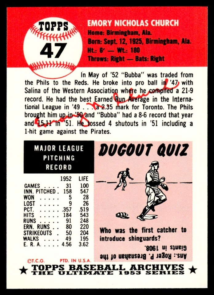 1991 Topps Archives 1953 Bubba Church Cincinnati Reds #47 | eBay