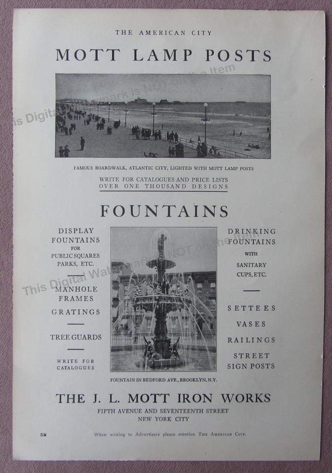1915 Ad J.L. Mott Iron Works New York City Lamp Posts Fountains Sign ...