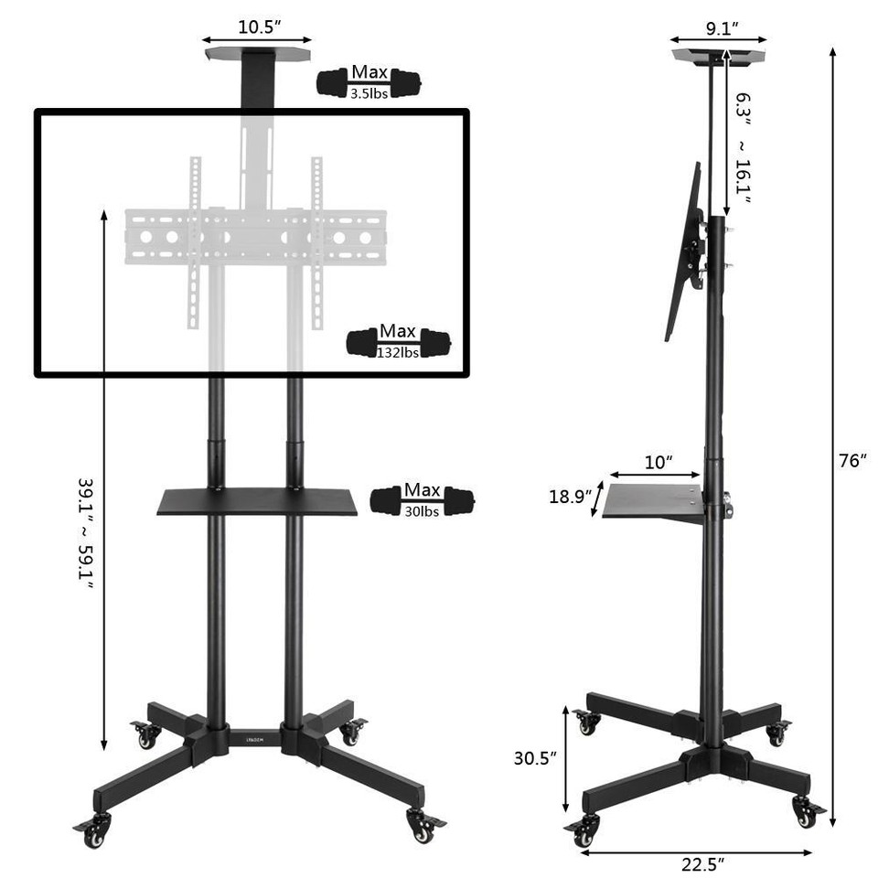 Mobile Floor Standing TV Stand Cart Unit with Bracket Mount Tray ...