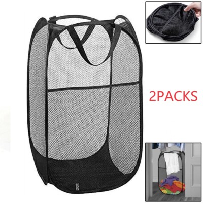 2PCS Collapsible Pop up Laundry Bag Foldable Hamper Large Mesh Clothes ...