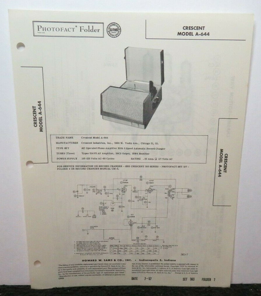 SAMS PHOTOFACT SERVICE MANUAL 363-7 CRESCENT RECORD PLAYER A-644 | eBay