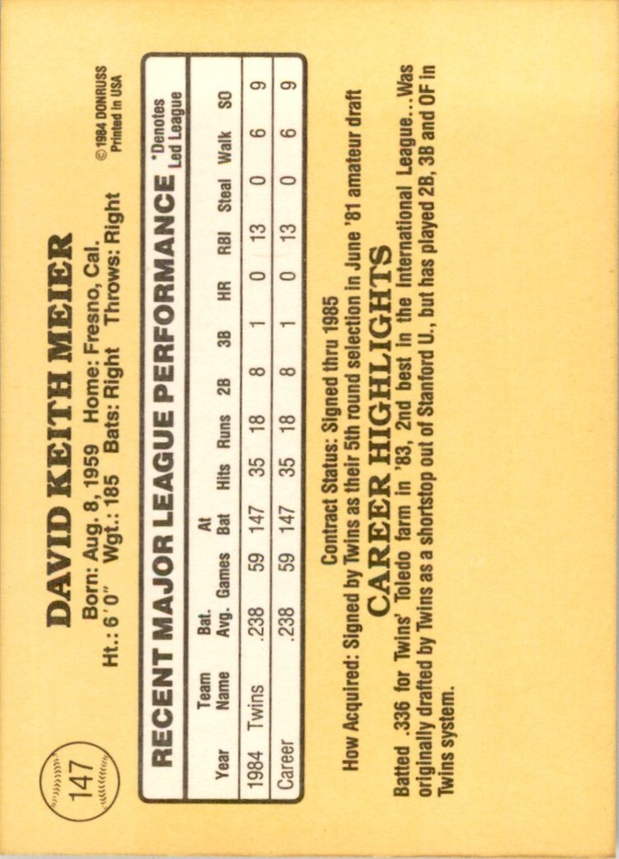 1985 Donruss Dave Meier 100 Baseball Cards #147 | eBay