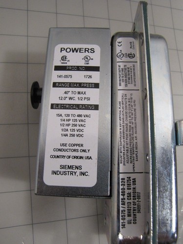 Siemens / Powers 141-0575 Air Flow Switch Max Pressure .40" to Max 12.0 ...