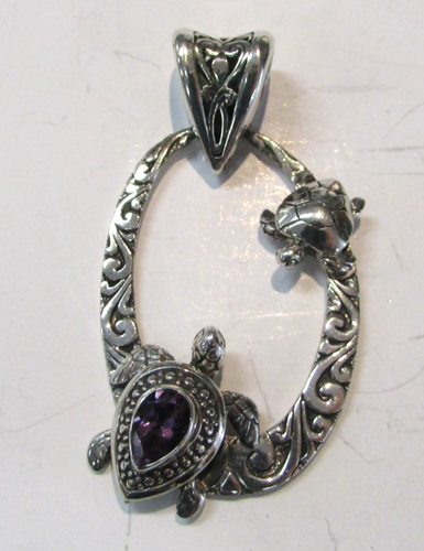 ATI ID 925 STERLING SILVER Amethyst Double Turtles Pendant Slide | eBay