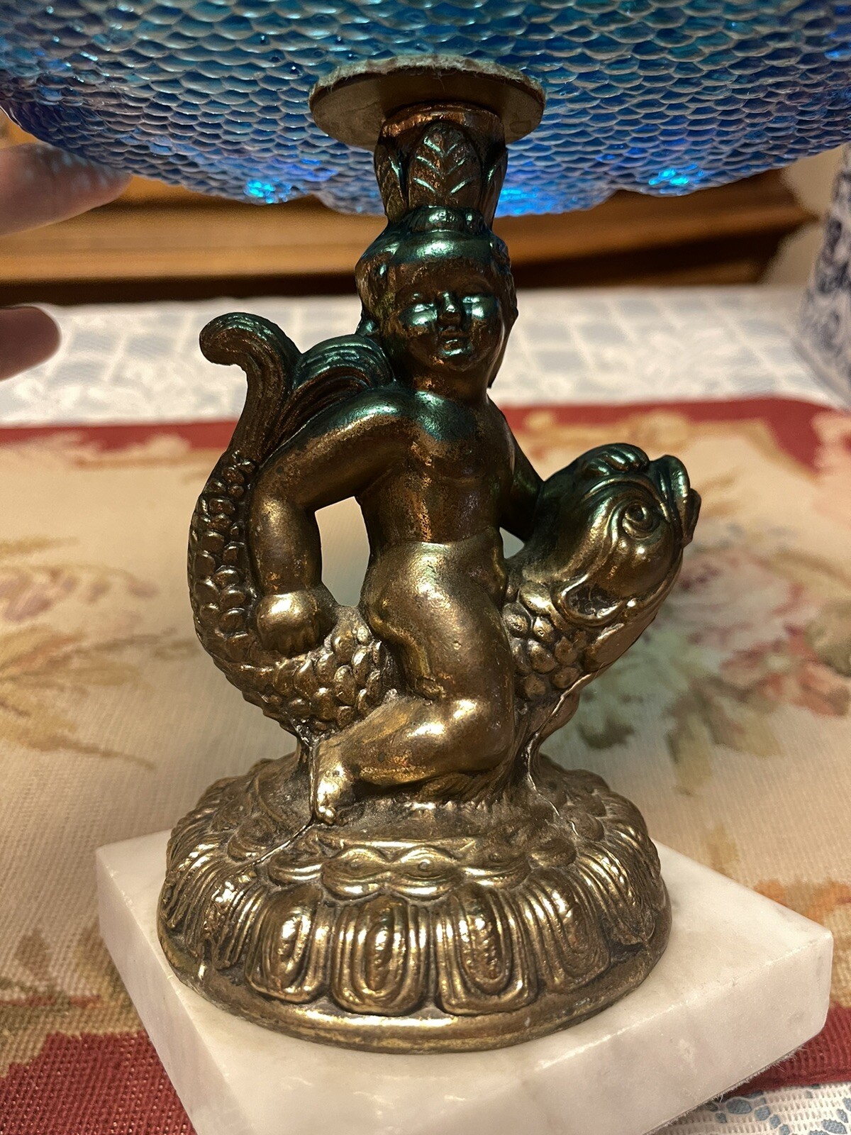 ANTIQUE BRONZE CUPID ON CARP WITH MARBLE BASE & BLUE ART GLASS COMPOTE ...
