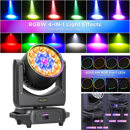 4in1 380W RGBW 19 LED Zoom Moving Head Stage Light Ring Wash Light Beam ...