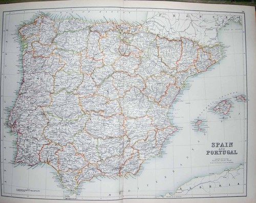 Old Antique Print Black'S Map 1890 Spain Portugal Gibraltar Majorca ...