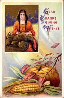 Thanksgiving Postcard Native American Girl Turkey Corn Pumpkin 1910s | eBay
