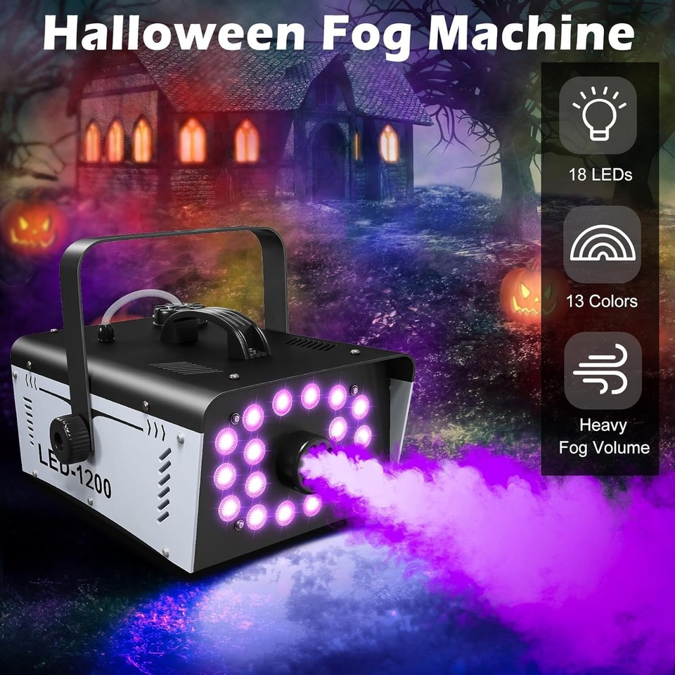 1200W Fog Machine Halloween Outdoor with 18 LED Lights 6000CFM Smoke ...