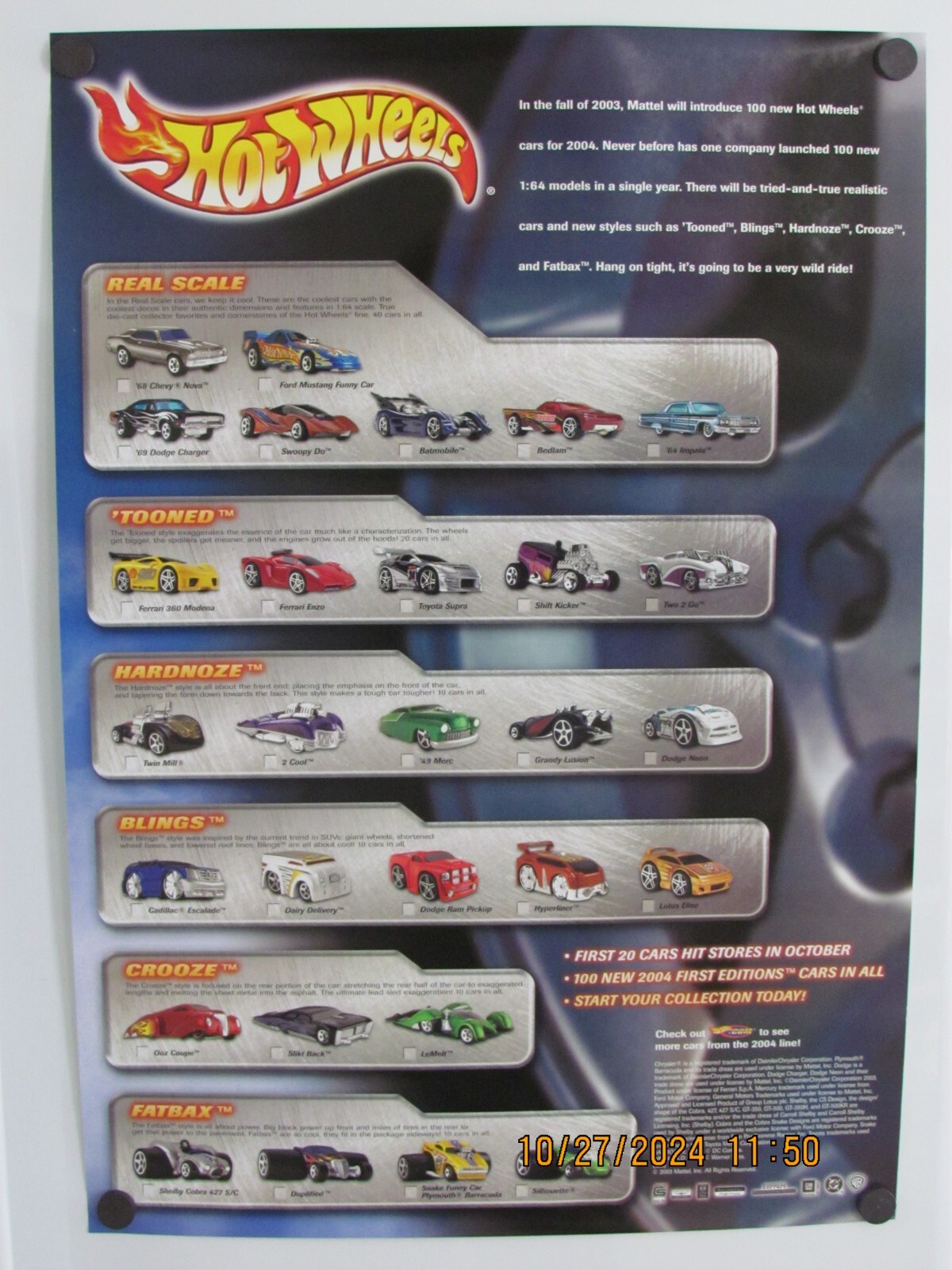 Hot Wheels 2003 POSTER CARS FOR 2004 'TOONED BLINGS HARDNOZE CROOZE ...
