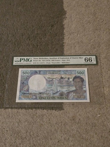 New Hebrides 500 Francs Banknote,ND(1979), P-19c, Overprinted, PMG 66 ...