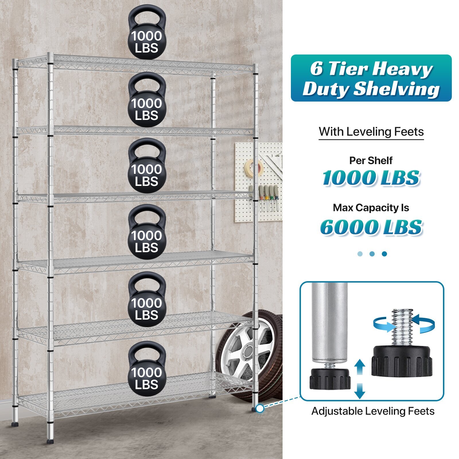 6 Tier Wire Shelving Unit 6000LBS Heavy Duty Metal Storage Shelf Rack w ...