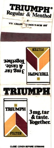 Triumph Regular & Menthol, Cigarettes Advertisement, Vintage Matchbook ...