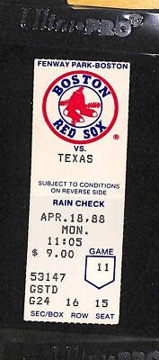 APRIL 18, 1988 TEXAS RANGERS @ BOSTON RED SOX TICKET STUB | eBay