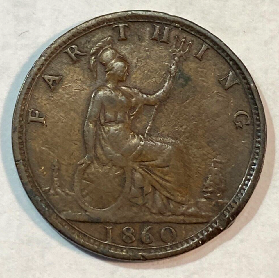 1860 Great Britain Young Victoria Farthing Nice Original VF KM-747.2 ...