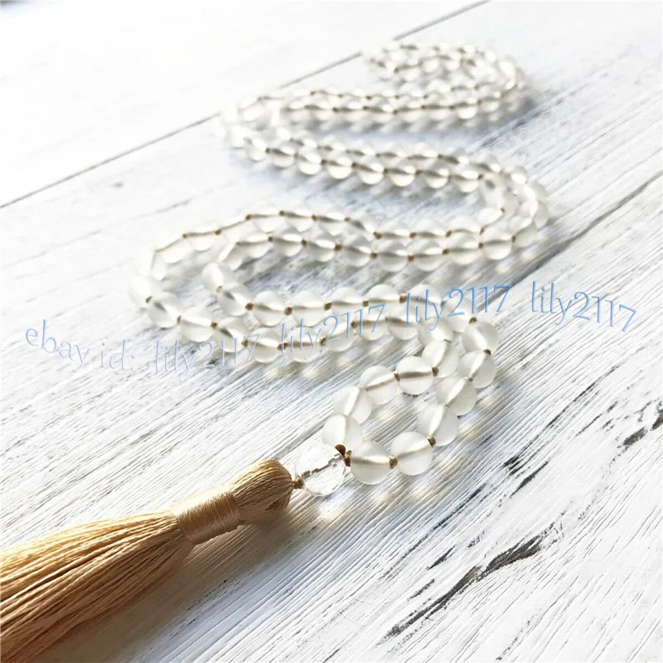 Frosted Clear Crystal 108 Prayer Beads Mala Necklace Tibet Buddhist ...