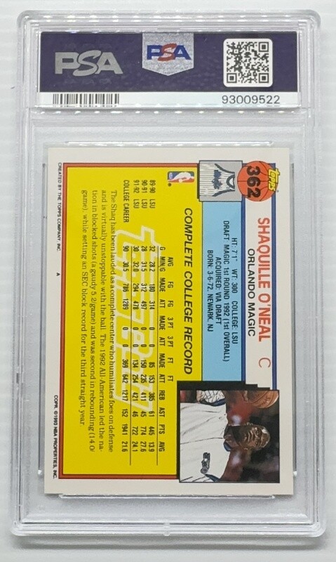 1992-93 Topps Gold Shaquille O'Neal Rookie RC #362 PSA 10 GEM MINT ...