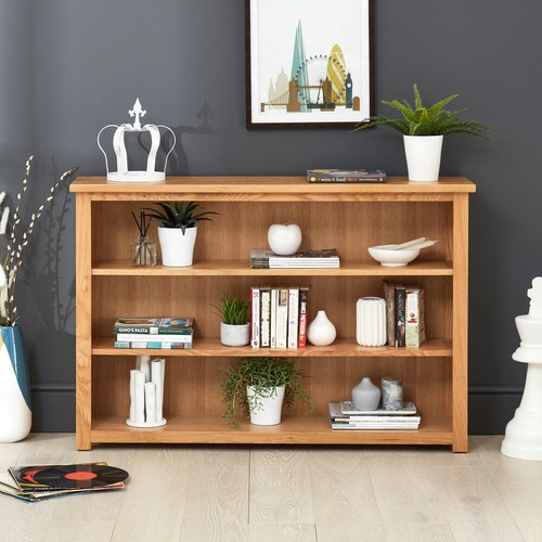 London Oak Low Wide Bookcase Adjustable Shelves - Open Bookshelf ...