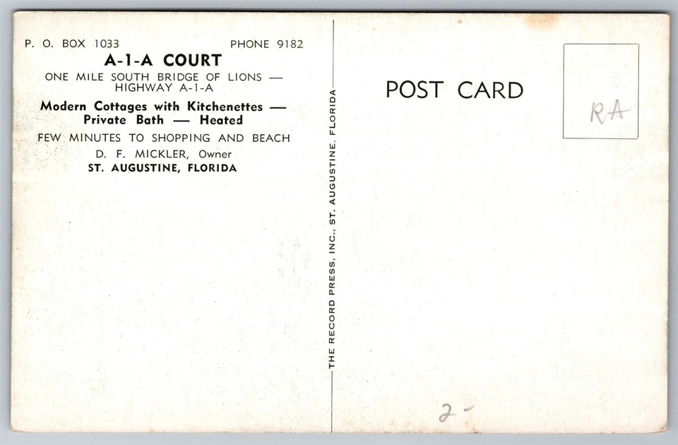Postcard A-1-A Court, St Augustine, Florida O69 | eBay