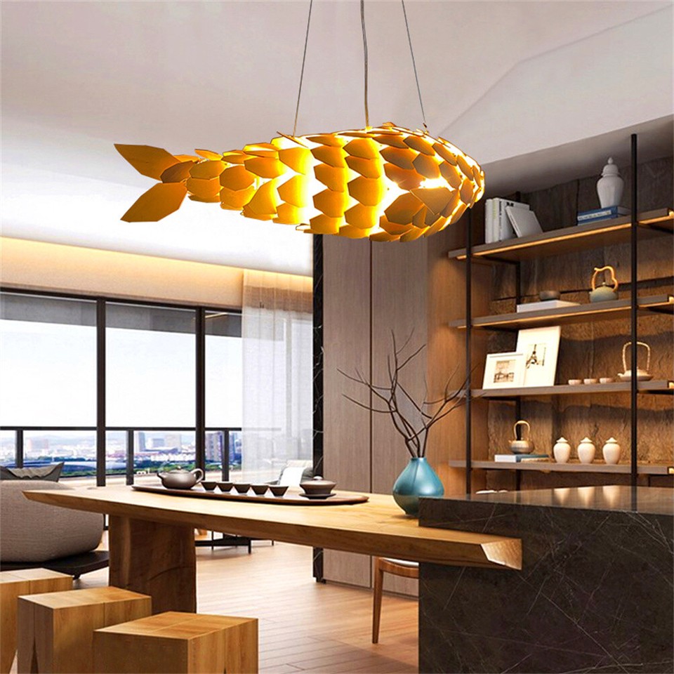 Large Fish-Shaped Wooden Ceiling Pendant Light Chandelier Lamp Hanging ...