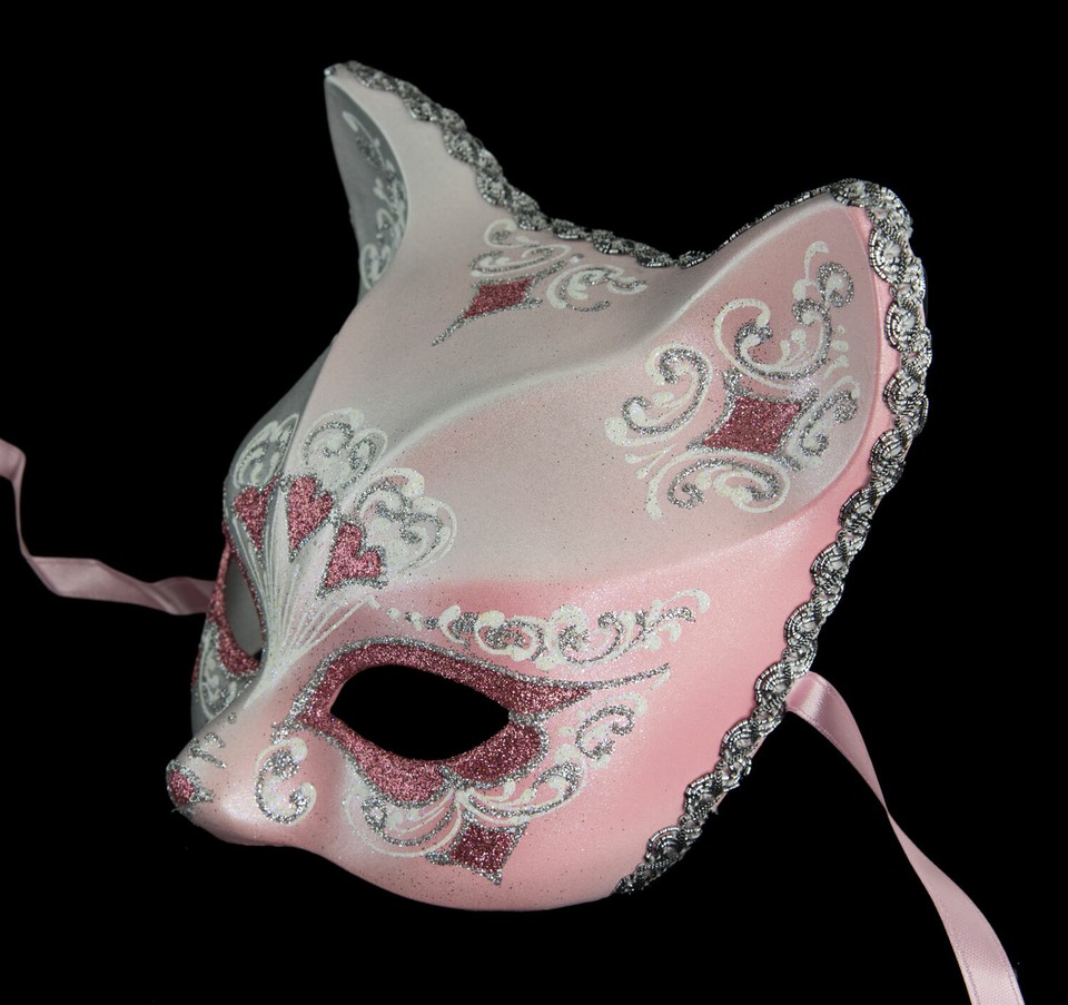 Maschera Di Venezia Gatto Rosa Argentato Floreale Per Lusso Dipinto a ...