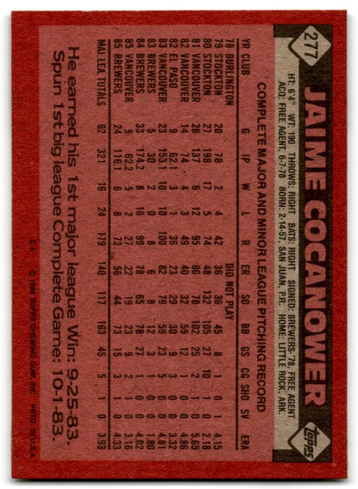 1986 Topps Jaime Cocanower Milwaukee Brewers #277 | eBay
