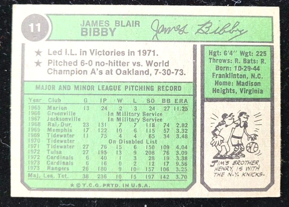 1974 TOPPS #11 JIM BIBBY VINTAGE CARD TEXAS RANGERS | eBay