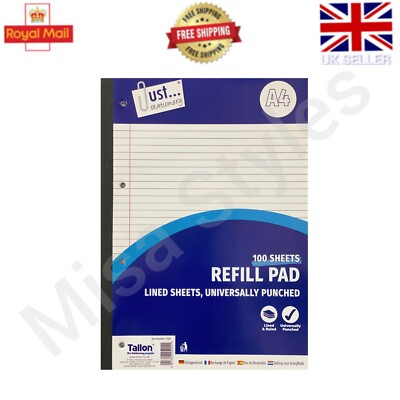 100 PAGES REFILL PAD A4 HIGH QUALITY LINED PAPER RULED MARGIN NOTEBOOK ...