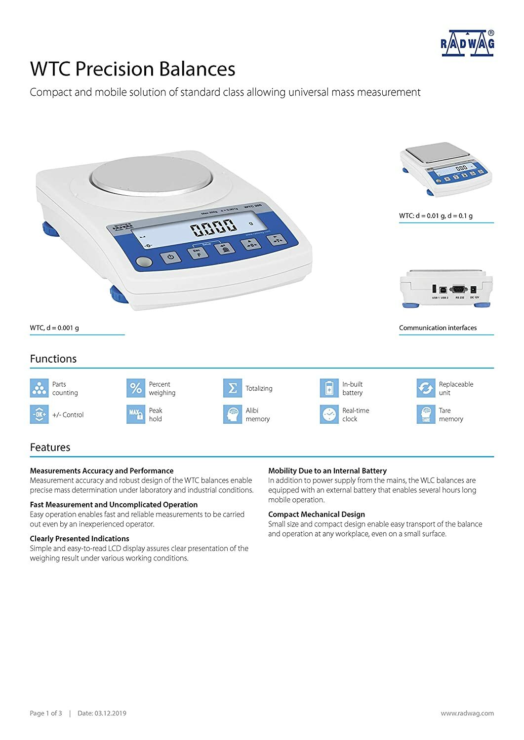 RADWAG WTC 3000 NTEP Precision Top Loading Balance Scale 3100g x 1g ...