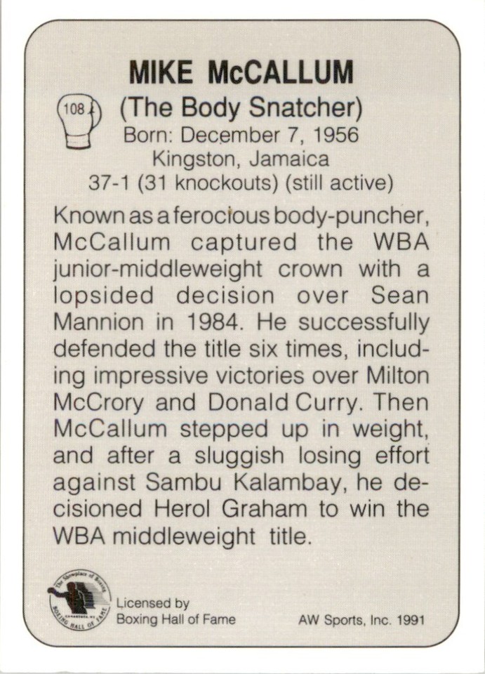 1991 AW Sports All World Boxing #108 MIKE McCALLUM (B) | eBay