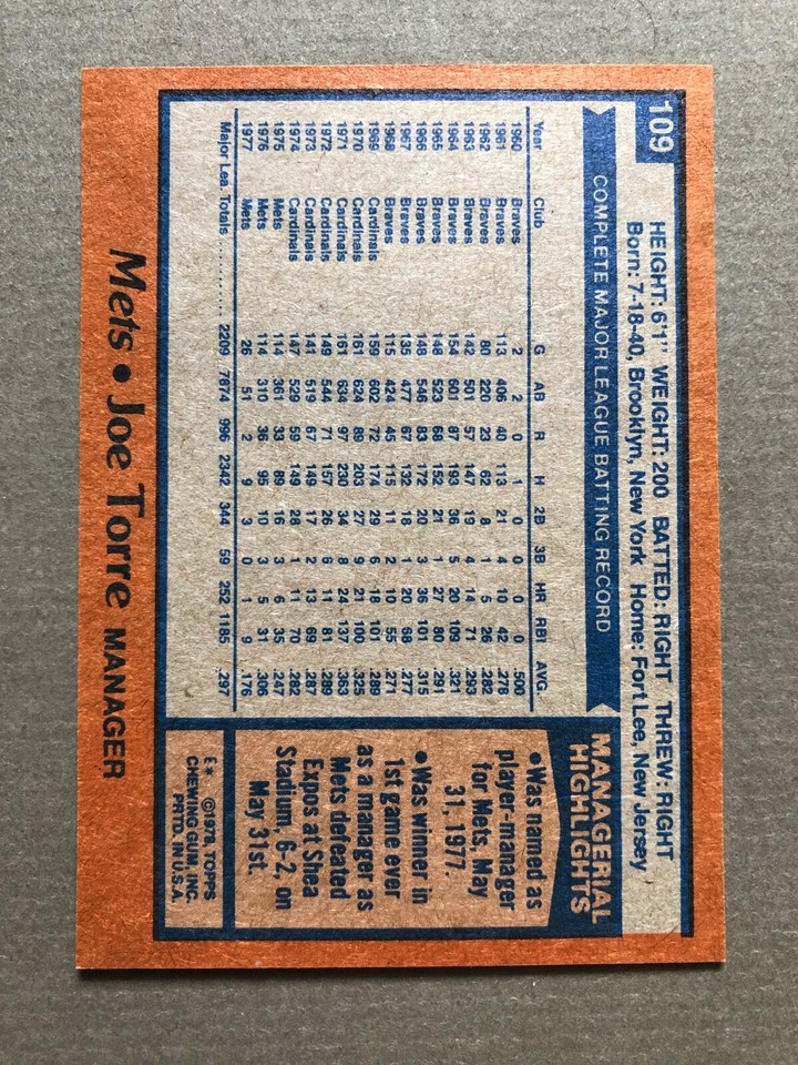 1978 Topps - Joe Torre #109 NM+ OR BETTER *TTC CARDS* | eBay