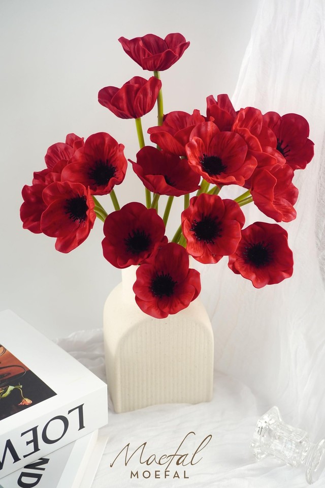 18 Pcs Real Touch Red Anemone Flowers – Artificial Poppies with Black ...