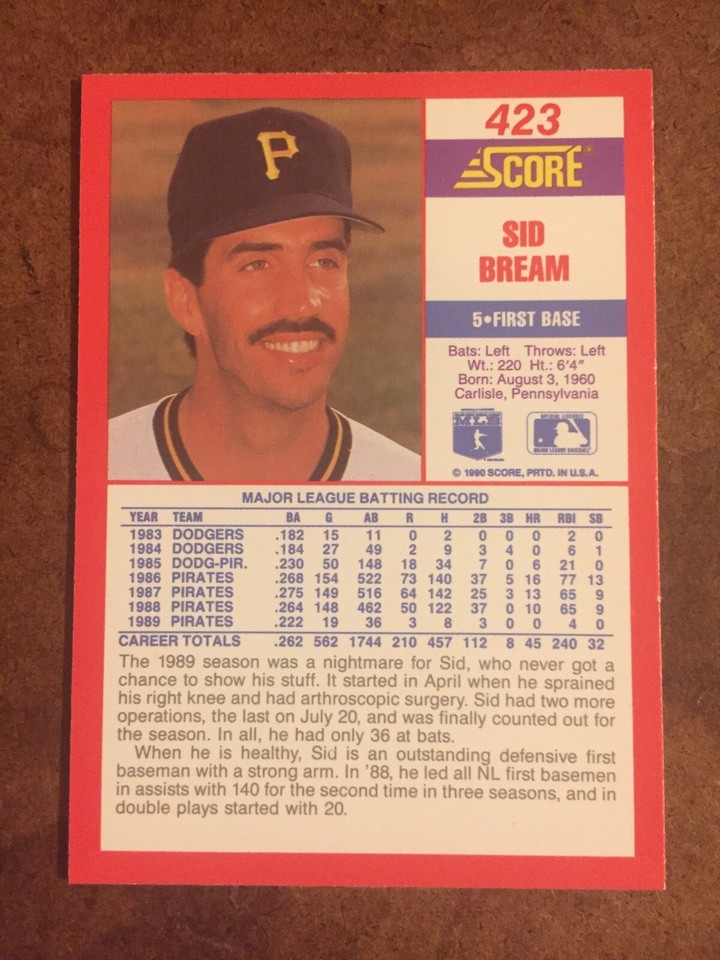 Sid Bream 423 Score 1990 MLB Baseball Trading Card | eBay