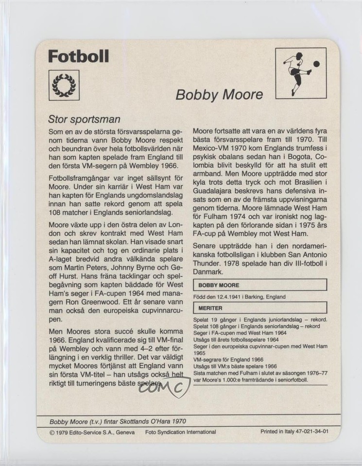 1977-82 Sportscasters Series 34 Swedish Bobby Moore #34-01 0i4g | eBay UK