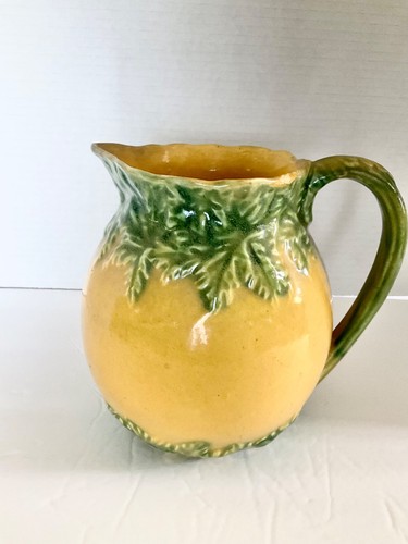 Antique Vintage Majolica Lemon Pitcher Hand Painted Yellow w/ Green ...