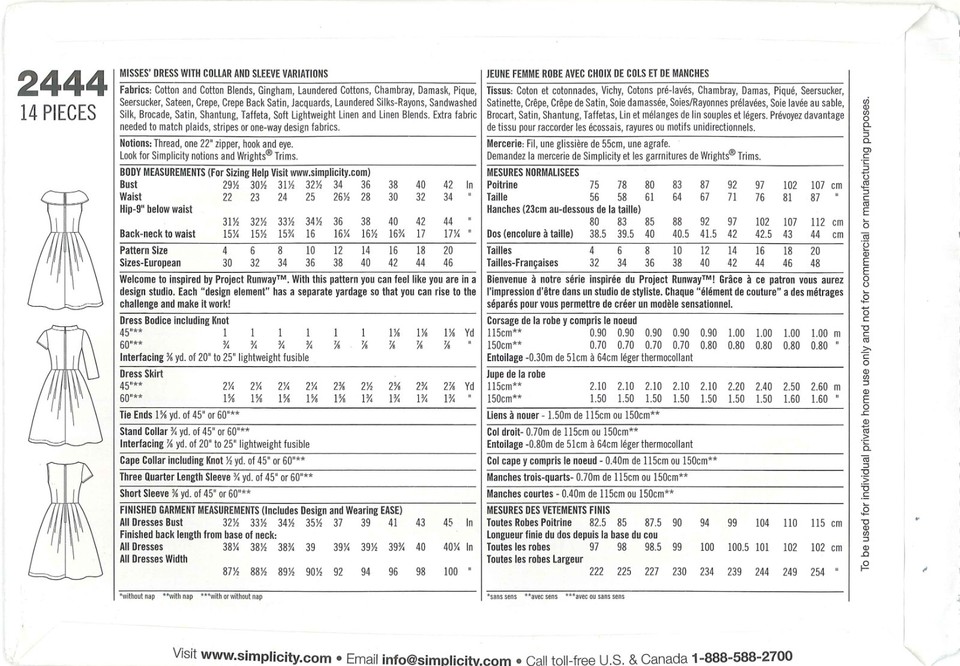 Misses' Dress Pattern Size 4 6 8 10 12 Simplicity 2444 Uncut Project ...