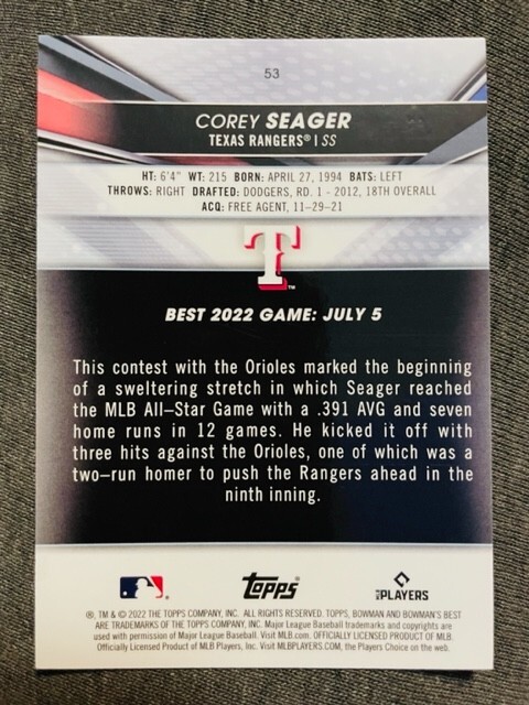 2022 Bowman's Best #53 Corey Seager Card Mint Condition | eBay