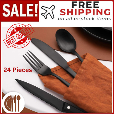 24-Piece Matte Black Silverware Set, Stainless Steel Flatware Cutlery ...