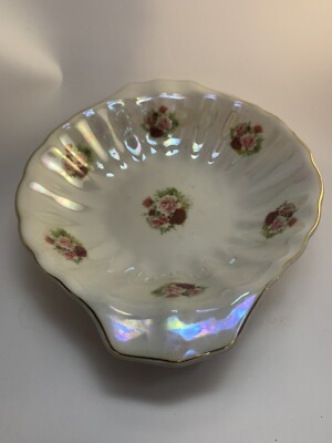 Lusterware Dish 2 Handles 7” Diam White & Floral Design Gold Rim Made ...