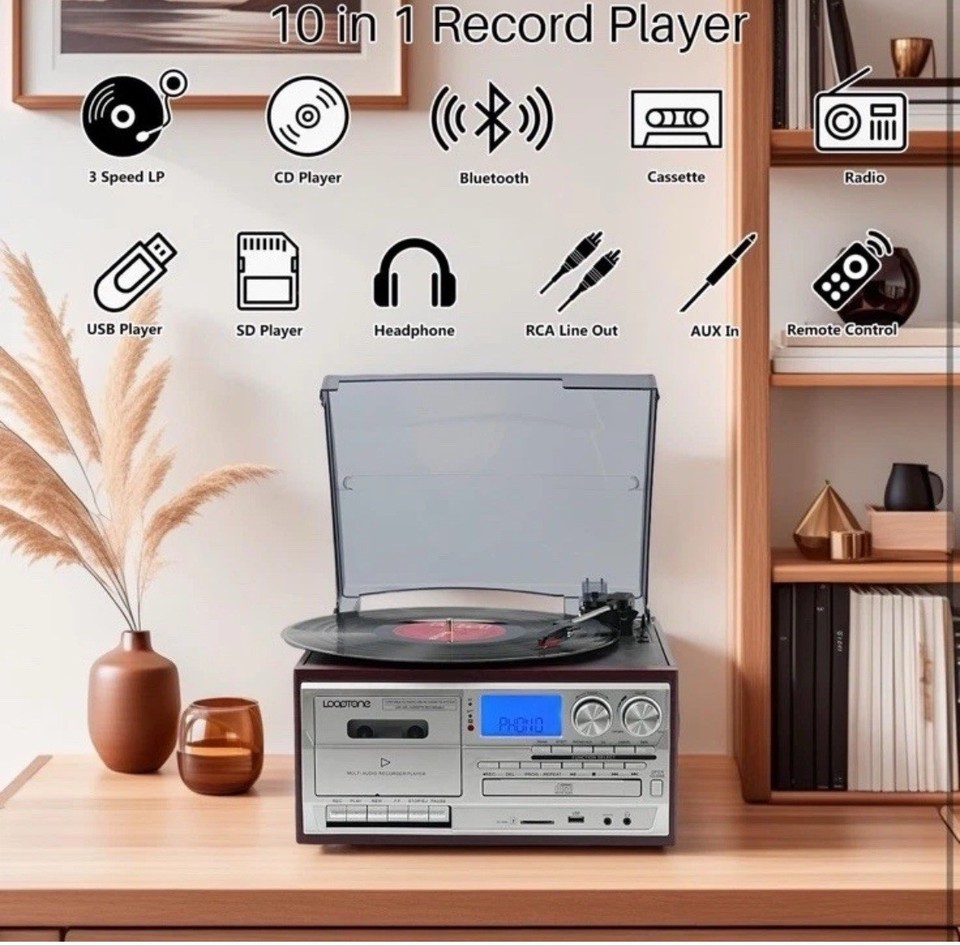 Openbox Vinyl Record Player 10 in 1 3 Speed Bluetooth Vintage Turntable ...