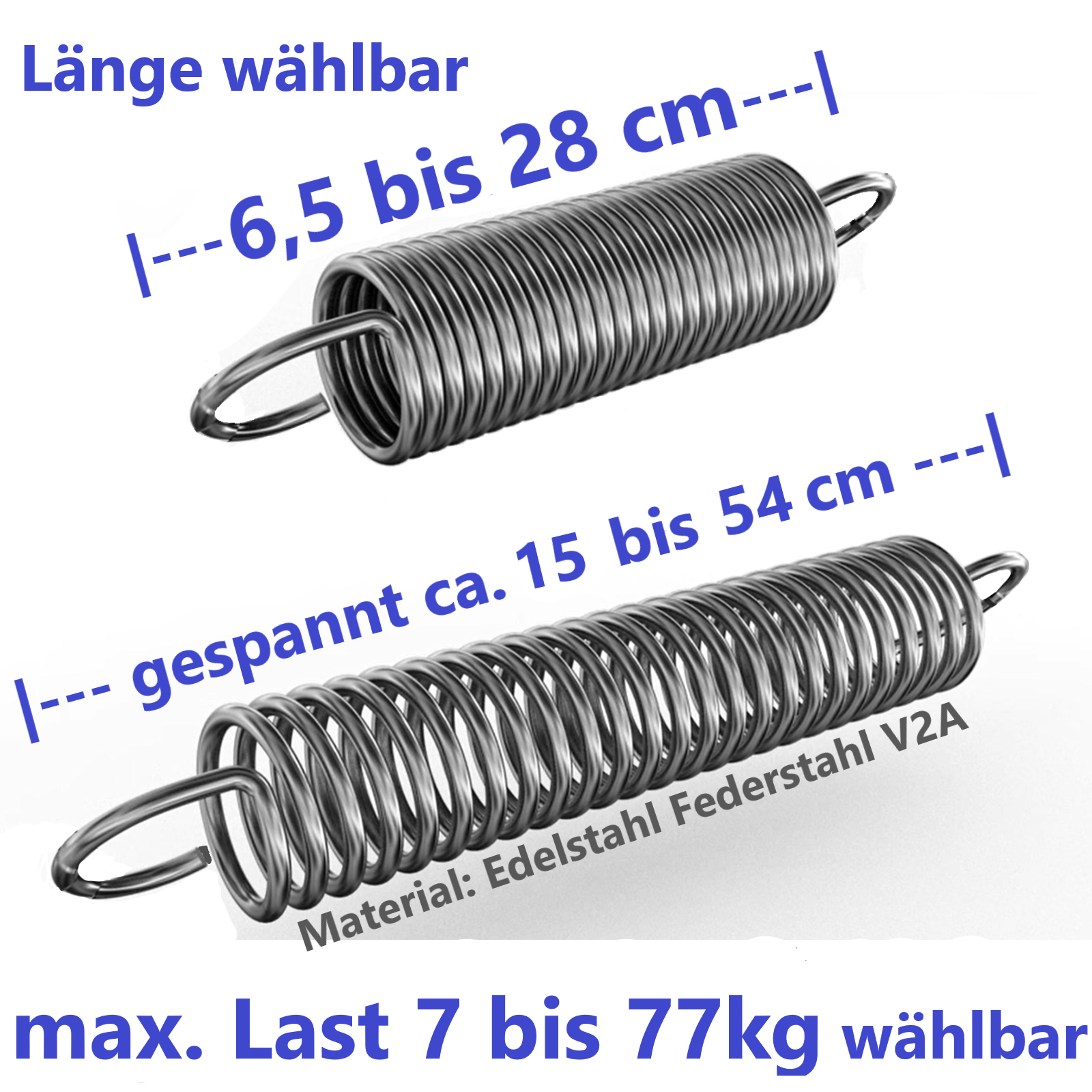 Edelstahl Zugfeder Spannfeder, maximale Last wählbar von 7 kg bis 77 kg ...
