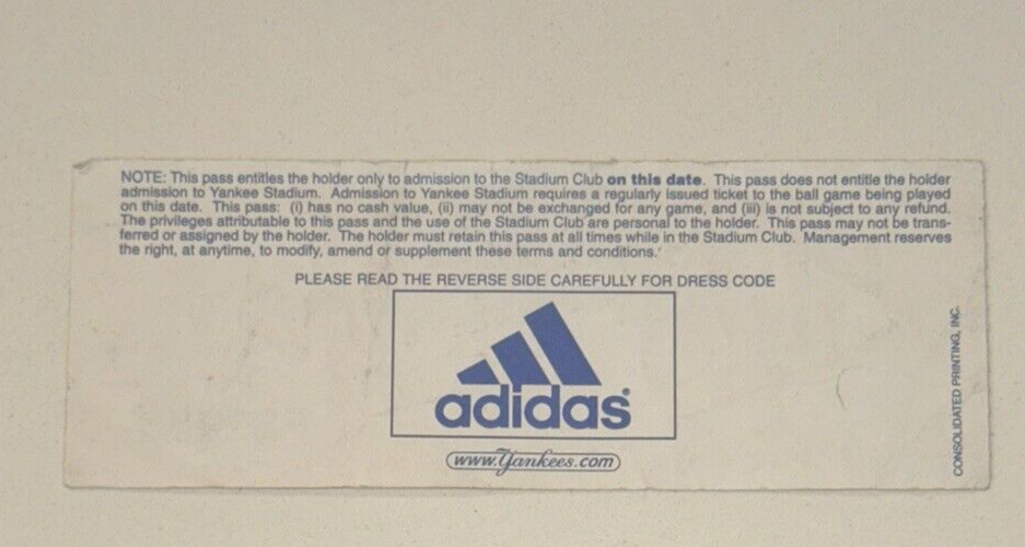 April 12 2003 Bronx New York Yankees Stadium Club MLB Pass Ticket Stub ...