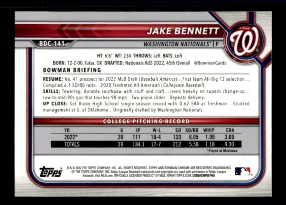2022 Bowman Draft Baseball Sapphire Edition Chrome Jake Bennett 1st ...