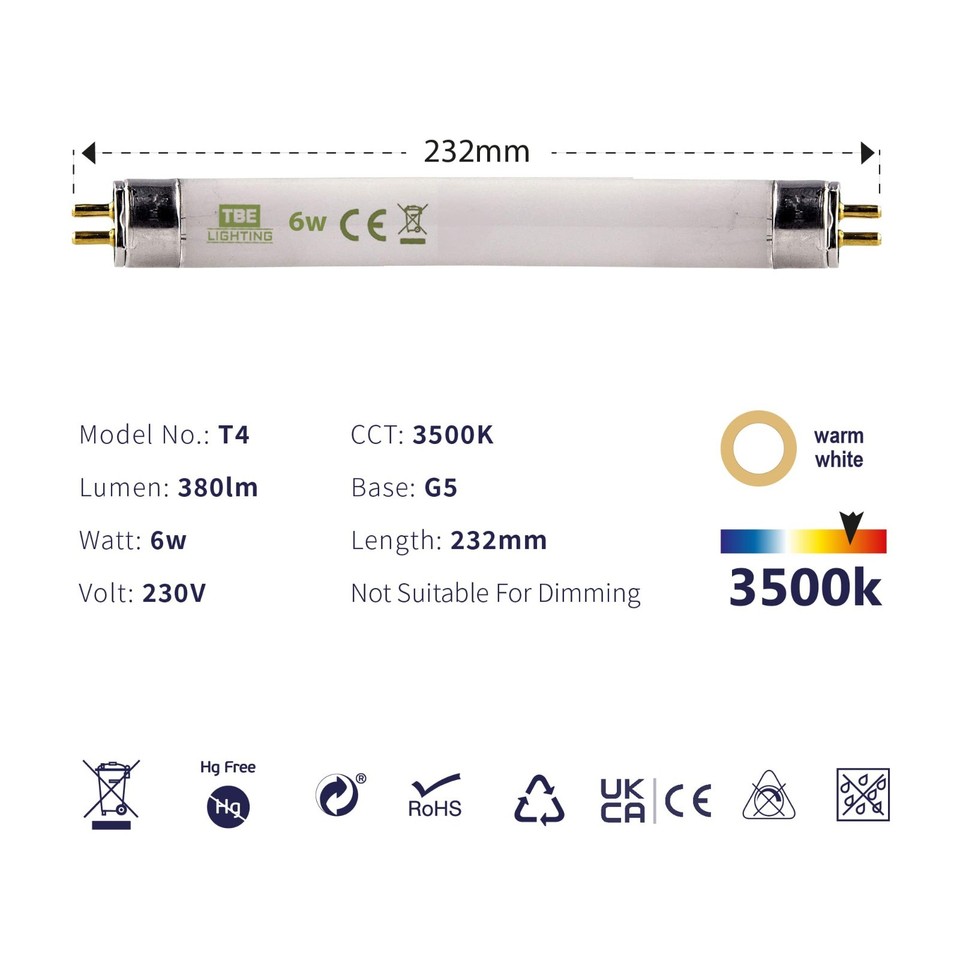 TBE Lighting T4 6W Fluorescent Tube 232mm 2 Pack G5 2-Pin Base Soft ...