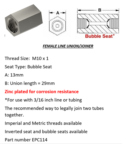 Female Brake Line Union - Joiner Bubble Seat M10 x 1 | eBay