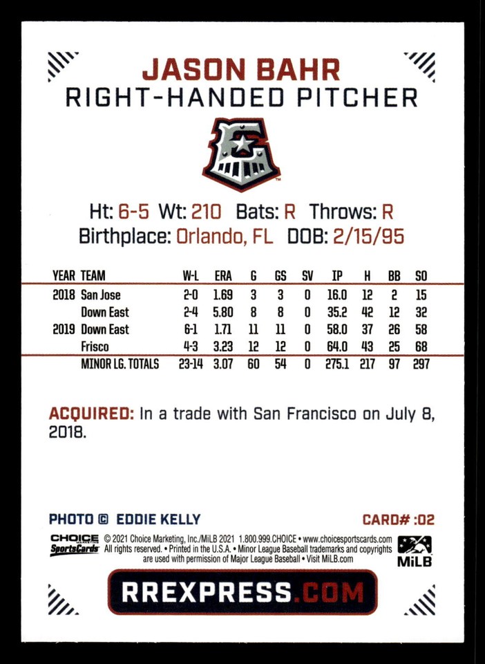 Jason Bahr 2021 Choice Round Rock Express #2 Round Rock Express | eBay