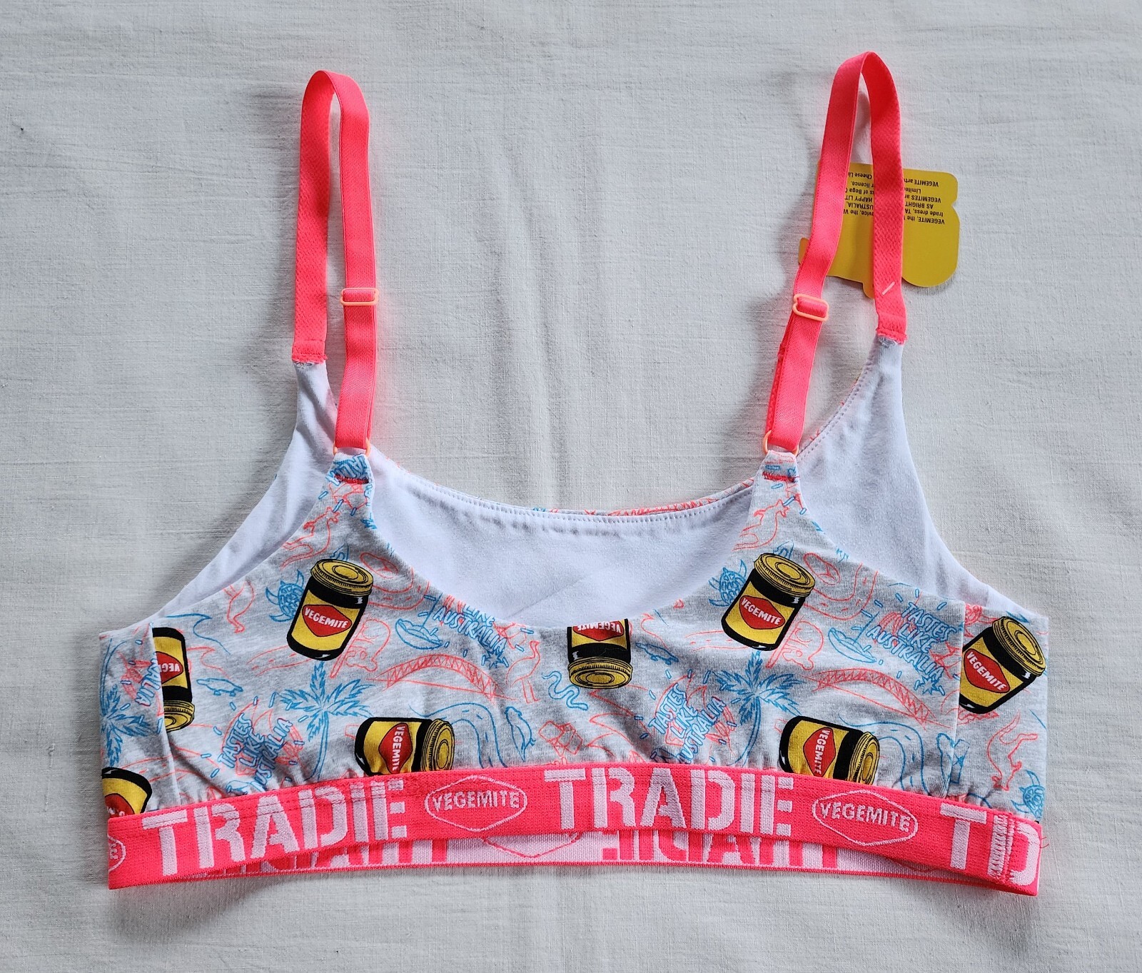 Tradie x Vegemite Ladies Grey Pink Printed Comfort Crop Top Bra Size 14 ...