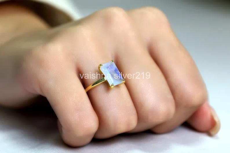 Moonstone Ring, Solid Brass Ring Gemstone Ring Rectangle ring June Birthstone T2 | eBay
